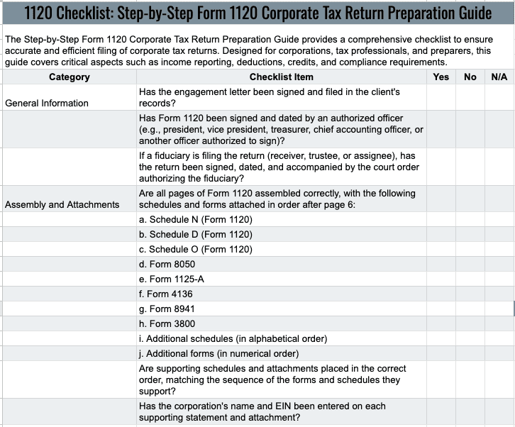 1120 Checklist: Step-by-Step Form 1120 Corporate Tax Return Preparation ...